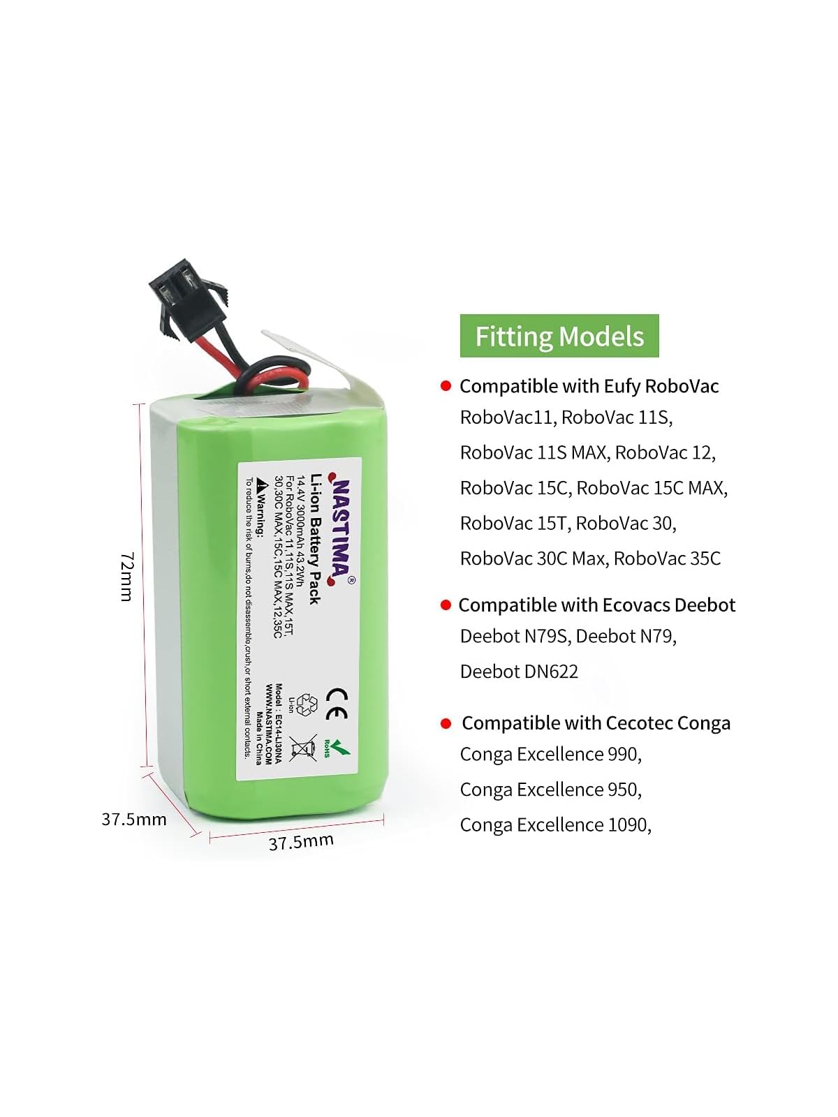 NASTIMA 14.4V 3000mAh Replacement Battery Compatible with Tesvor X500, Ecovacs N79 N79S and Eufy Robovac 11 11S MAX 15C MAX 20C 30C MAX G10 G20 G30