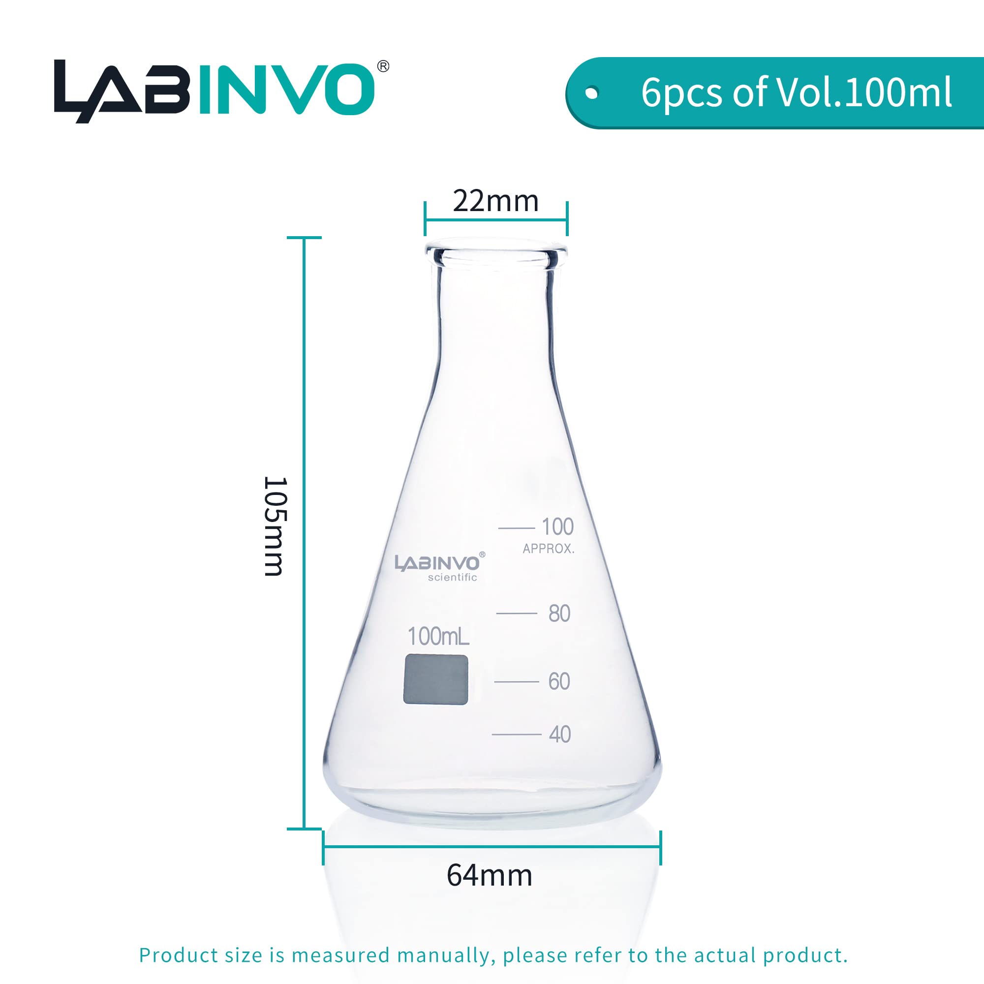 LABINVO 100ML Glass Erlenmeyer Flask, Narrow Mouth Graduated Conical Flask with Marking Spot, 6pcs of 3.3 Borosilicate Glass Flask set, IN-EFN100