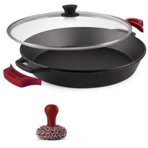 cuisinel cast iron skillet + glass lid + red chainmail scrubber - 15"-inch dual handle braiser frying pan + silicone handle covers - pre-seasoned oven, grill, stovetop, fire cookware - indoor/outdoor