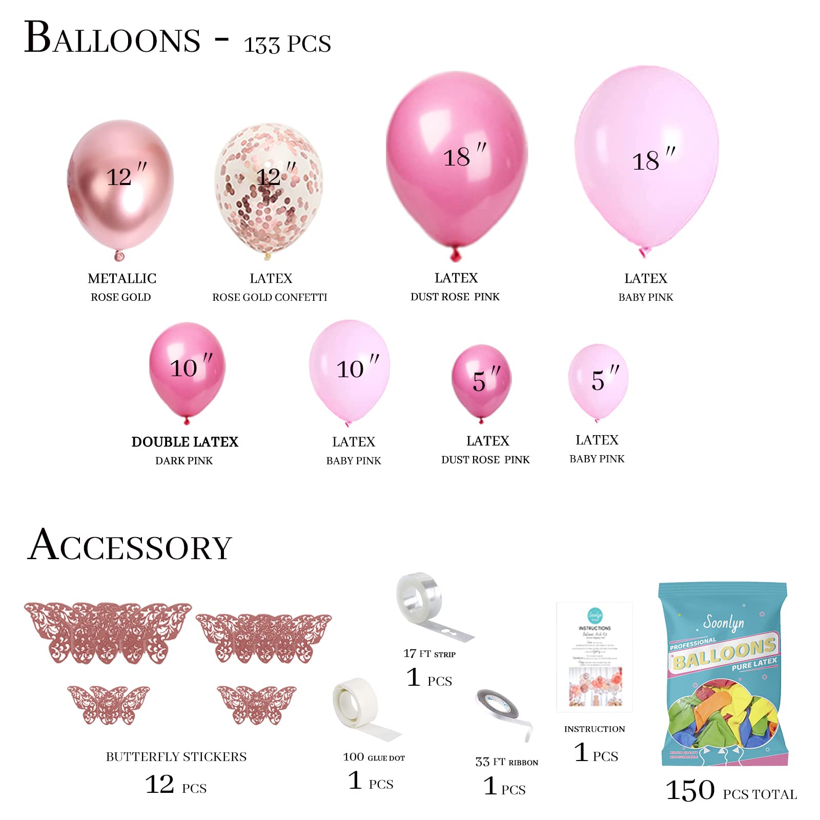 Soonlyn Baby Shower Decorations for Girl 150 Pcs Double Stuffed Pink Balloon Garland Kit with Butterfly Stickers Dusty Rose Gold Pink Balloon Arch for Girl Birthday Party Bridal Shower Baby Shower