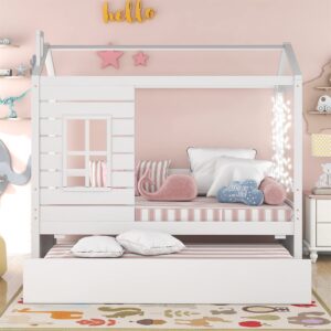 harper & bright designs house bed for kids, twin daybed with trundle and roof, twin size platform bed frame with fence and window for kids, teens, girls & boys, easy assembly (white)