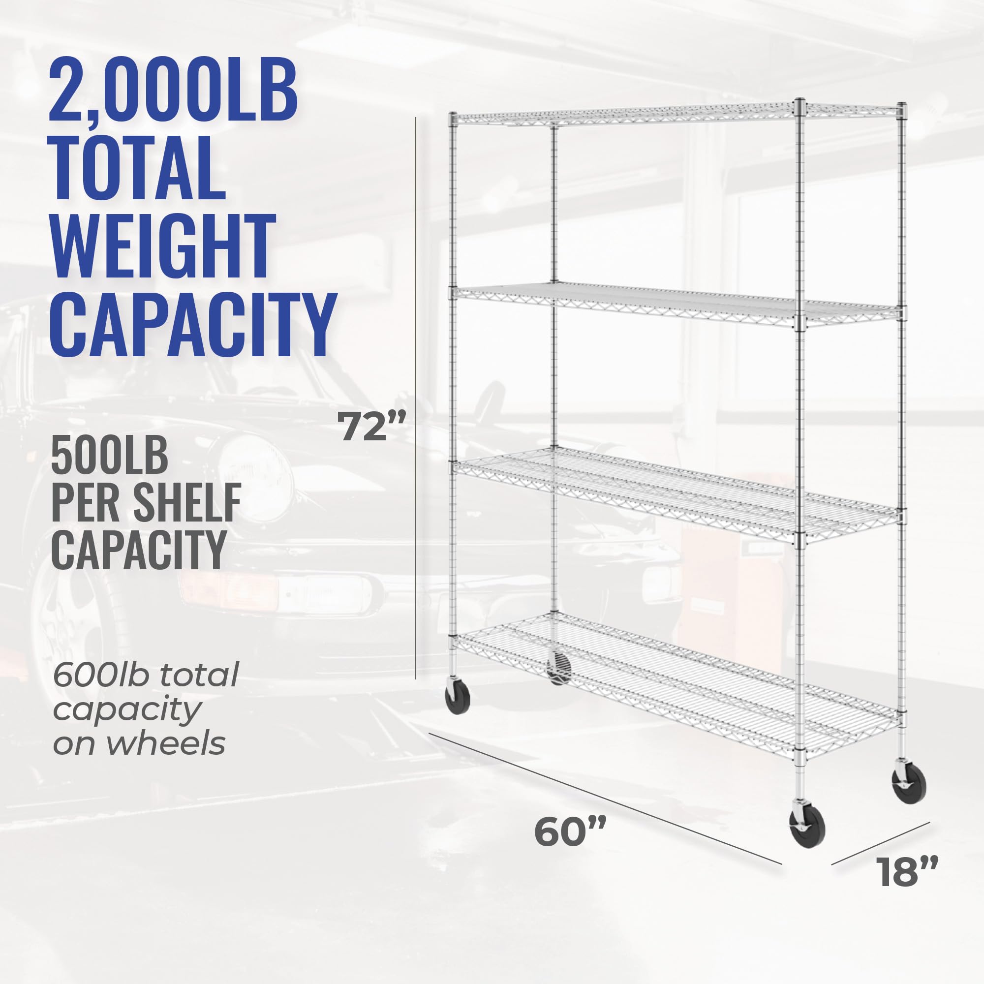 SafeRacks - NSF Certified Storage Shelves, Zinc, Heavy Duty Steel Wire Unit with Wheels and Adjustable Feet, Garage or Bakers Rack, Kitchen, Pantry Shelf - (18"x60"x72" 4-Tier) (Silver)