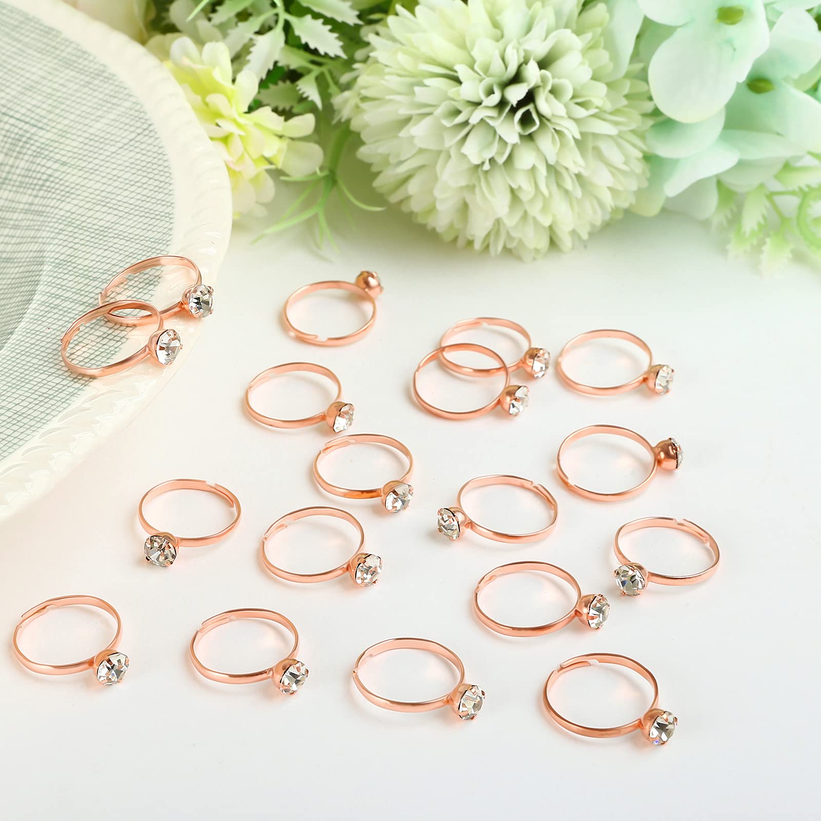 Naler Bridal Shower Rings 52 Pack Rose Gold Diamond Engagement Rings for Wedding Party Favors Table Decorations Cupcake Toppers