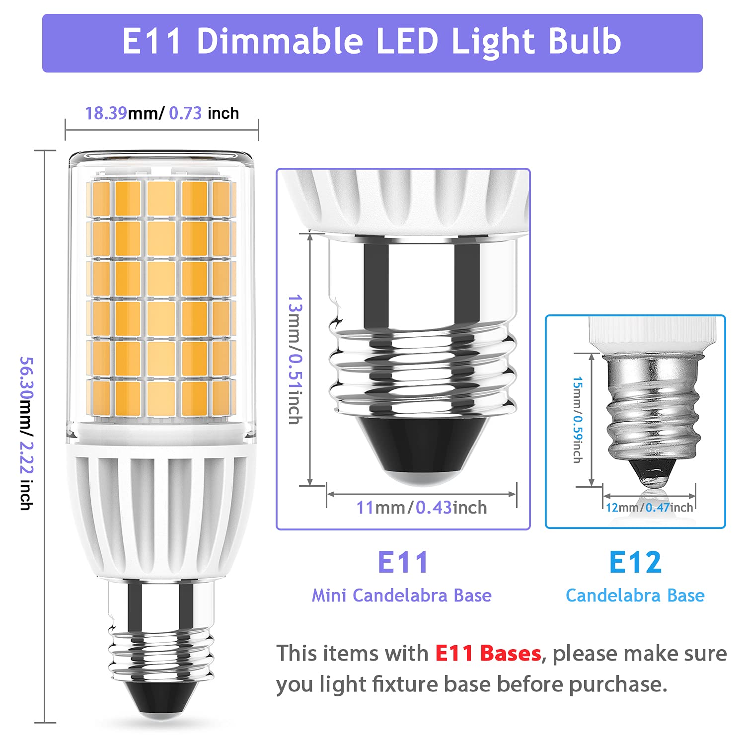 E11 LED Bulb Dimmable 5W, 60W E11 Halogen Bulb Replacement, UL CUL Listed, Warm White 3000K, E11 Bulb Mini Candelabra Base, JD T3/T4 360 Degree Beam Angle E11 Light Bulb for Indoor Lighting, 5Pack