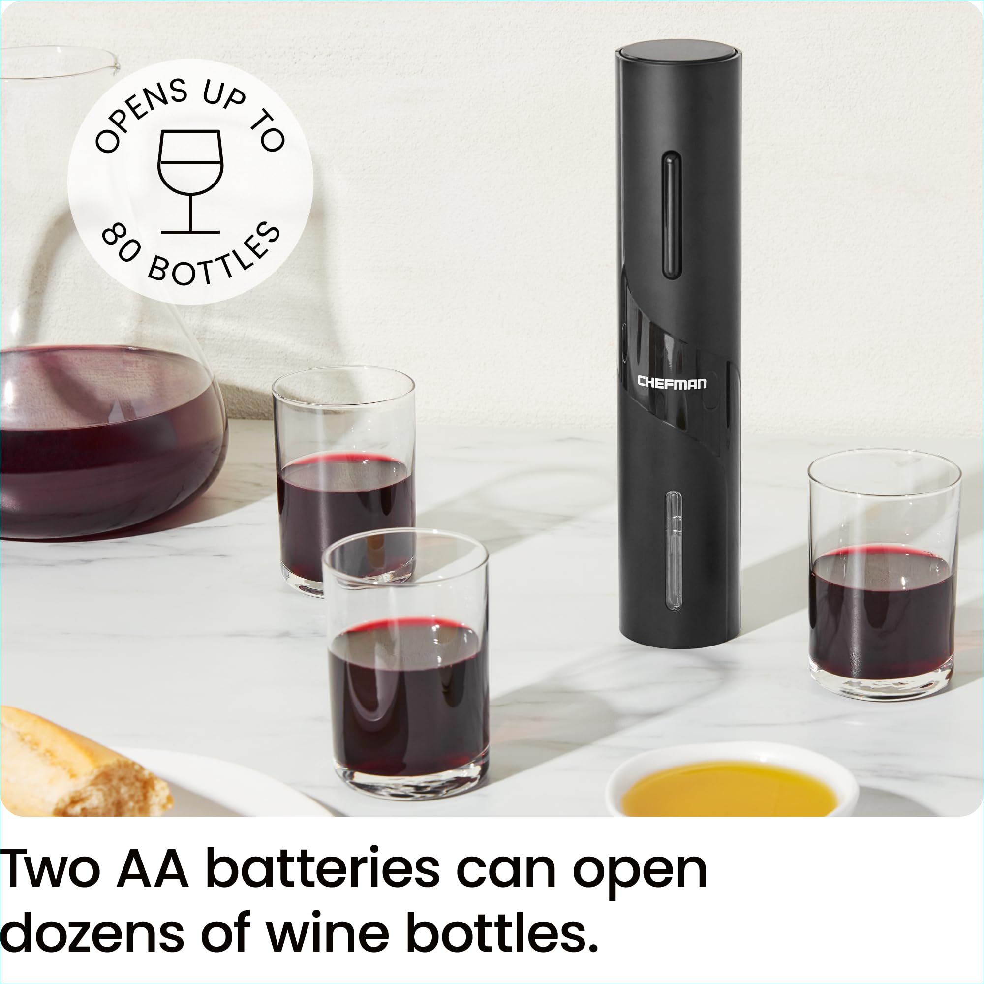 Chefman Electric Wine Opener Makes Opening Bottles Fast, Foolproof, And Fun! Black, Battery-Operated 4-Piece Corkscrew Set Comes With A Foil Cutter, Pourer, And Vacuum Stopper