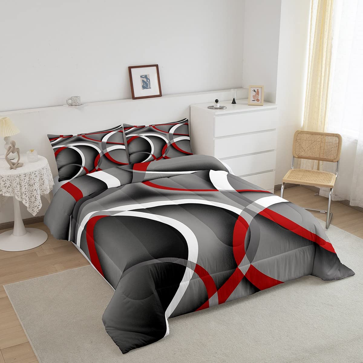 Stripes Comforter Set Queen Kids Teens Gray Black Red Swirls Room Decor Abstract Stripes Circle Bedding Set,Soft Lightweight Modern Simple Style Duvet,Youth Young Man Quilt,1 Comforter + 2 Pillowcase