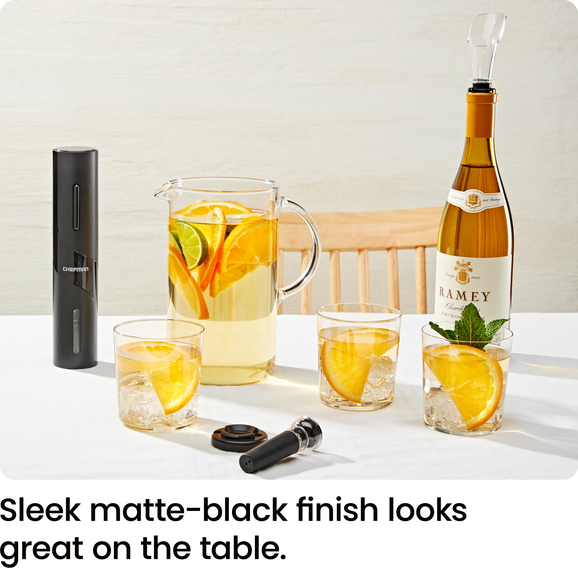 Chefman Electric Wine Opener Makes Opening Bottles Fast, Foolproof, And Fun! Black, Battery-Operated 4-Piece Corkscrew Set Comes With A Foil Cutter, Pourer, And Vacuum Stopper