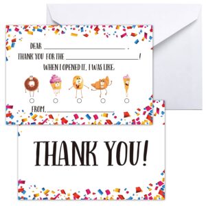 kids fill in the blank thank you cards, 25 thank you cards kids with white envelopes, fun gender neutral thank you notes for birthday party, event or holiday use.