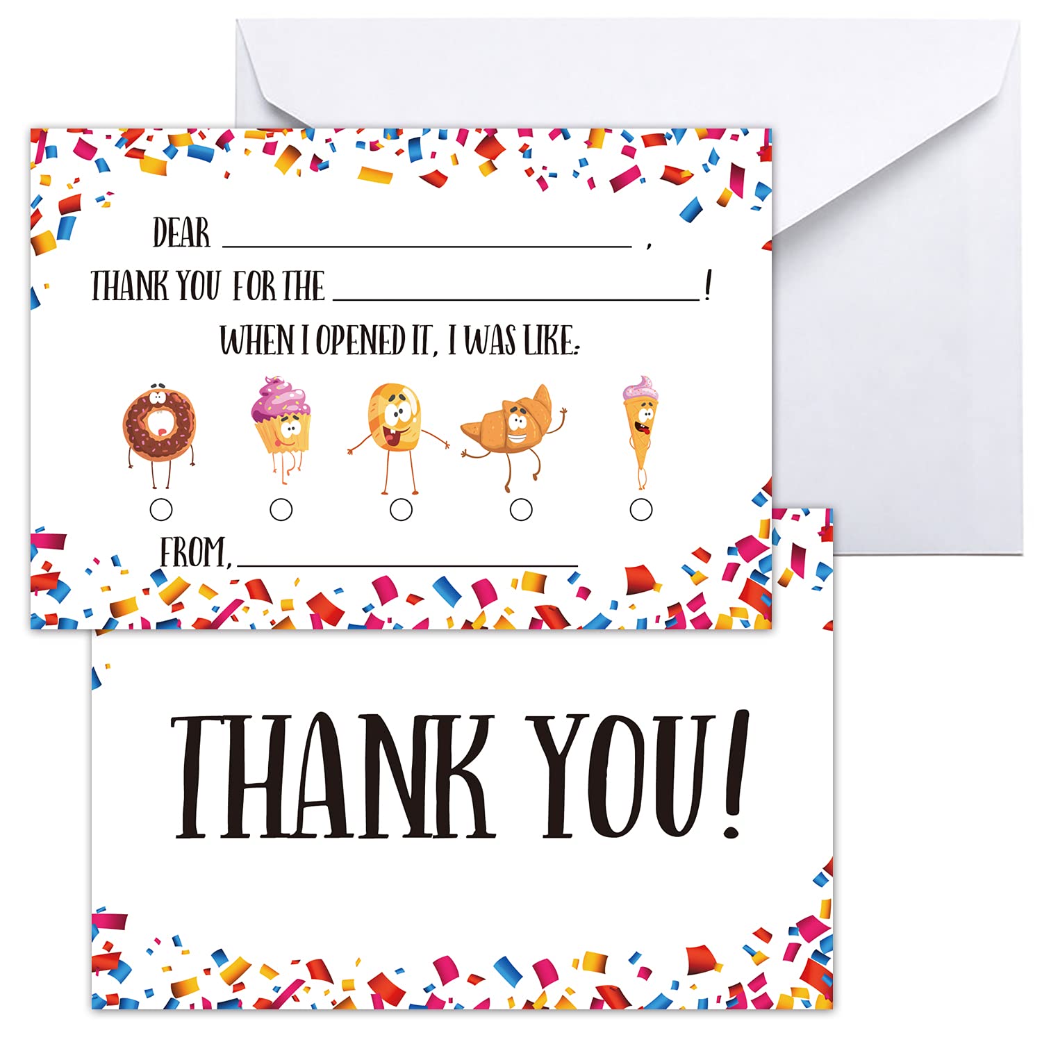 Kids Fill in The Blank Thank You Cards, 25 Thank You Cards Kids With White Envelopes, Fun Gender Neutral Thank You Notes For Birthday Party, Event or Holiday Use.