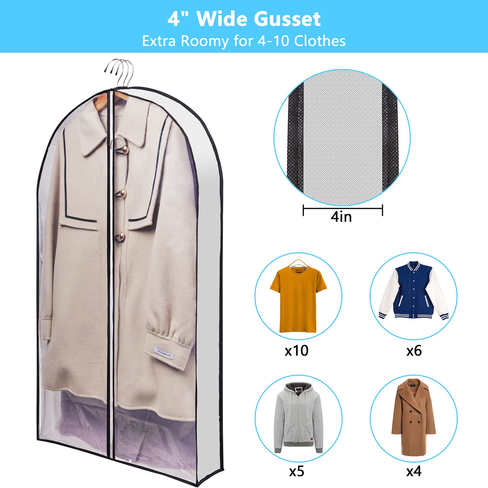 40" Garment Bags for Travel, Suits Bag with 4" Gusset for Hanging Clothes, Wutrye Closet Clothes Organizer Storage Protector Cover for Sweater Coat Jacket Shirts 5 Packs-White