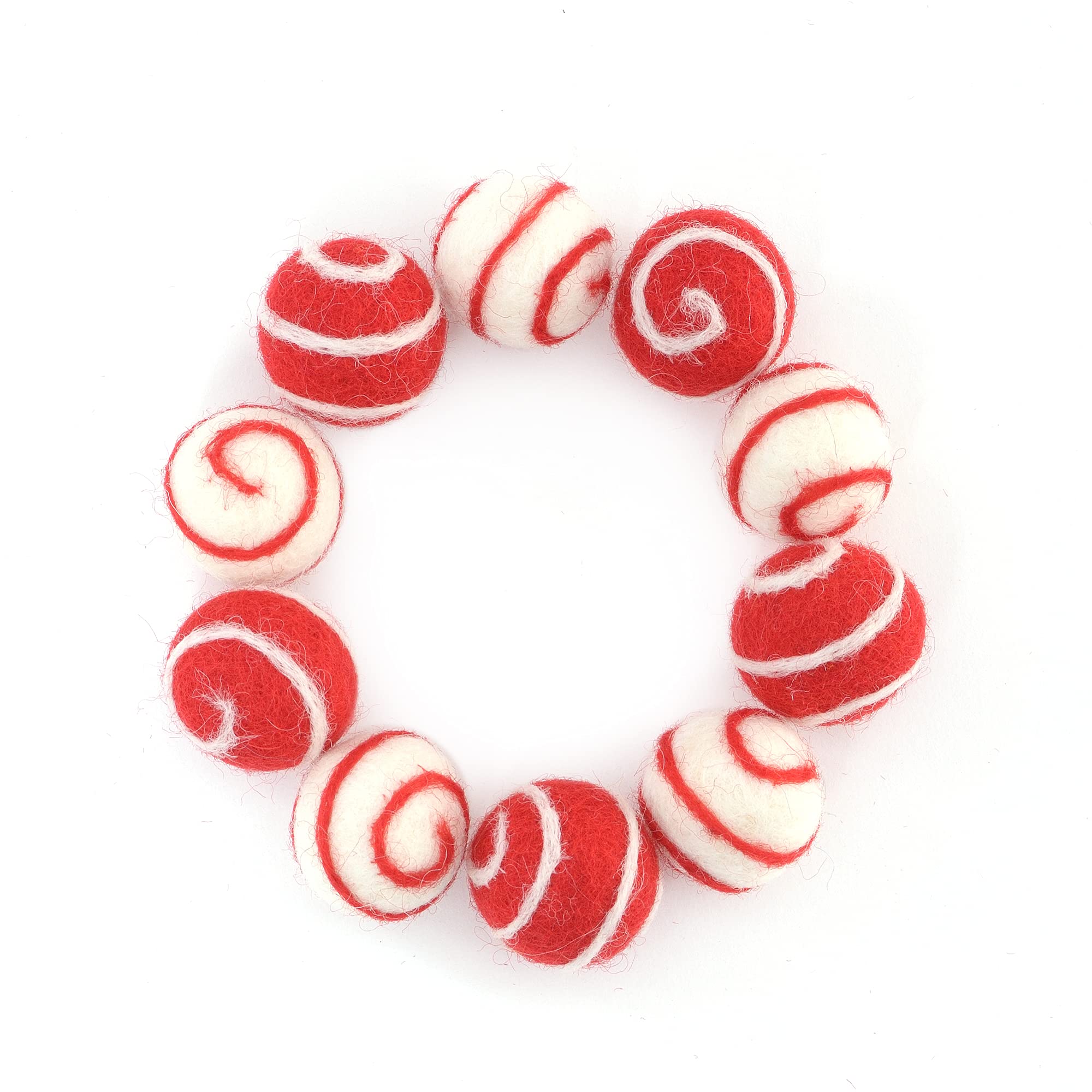 Glaciart One Wool Felt Balls Swirls (10 Pieces) 2.5 Centimeters - 1 Inch, Handmade Felted Valentines and Christmas Colors - Bulk Small Puff for Felting and Garland