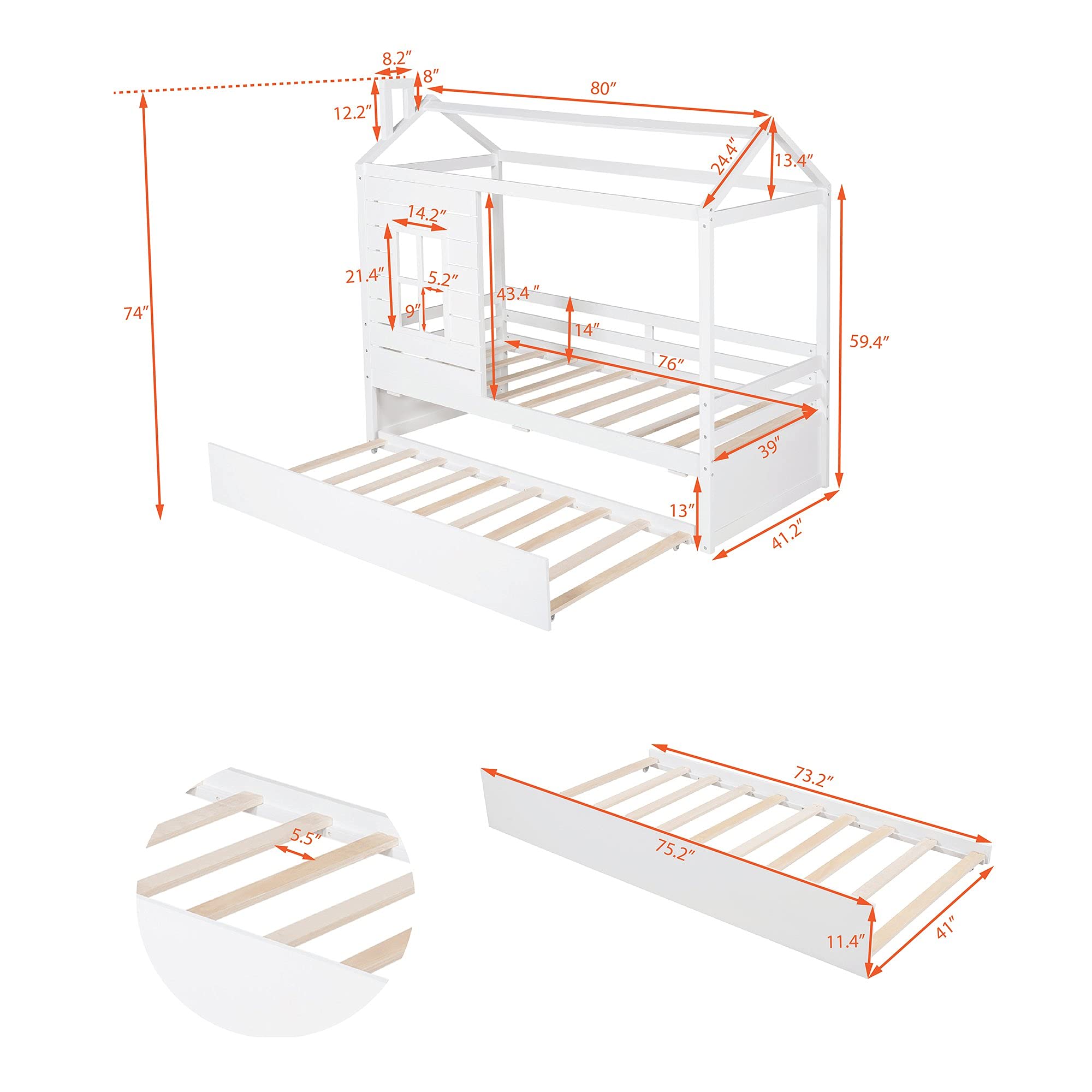 Merax House Bed with Trundle, Window and Roof, Twin Size Wood Bunk Bed Daybed Can be Decorated for Girls, Boys (White)