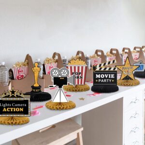 LINGTEER Hollywood Movie Night Table Honeycomb Centerpieces - 9Pcs Oscar Movie Star Cutouts Happy Birthday Film Party Table Decorations Sign.