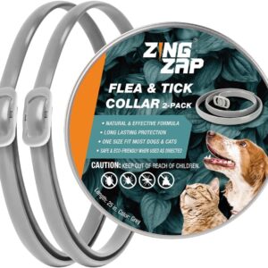 ZingZap Flea & Tick Collar 2-Pack Gray, Protects from Biting Insects, Adjustable Fits Both Dogs & Cats, Built-in Plant Based Formula, Slow Release Lasting Protection, Waterproof