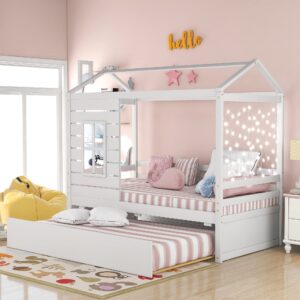 merax house bed with trundle, window and roof, twin size wood bunk bed daybed can be decorated for girls, boys (white)