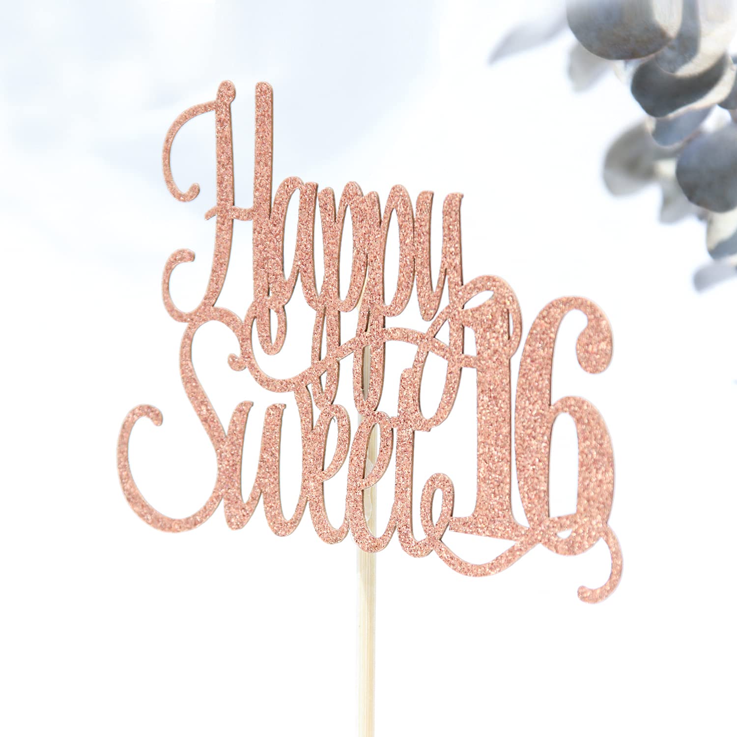 YotaWish Rose Gold Glitter Happy Sweet 16 Cake Topper - Happy 16th Birthday Cake Decor - Hello 16, Cheers to 16 Years Birthday Party Decoration Supplies