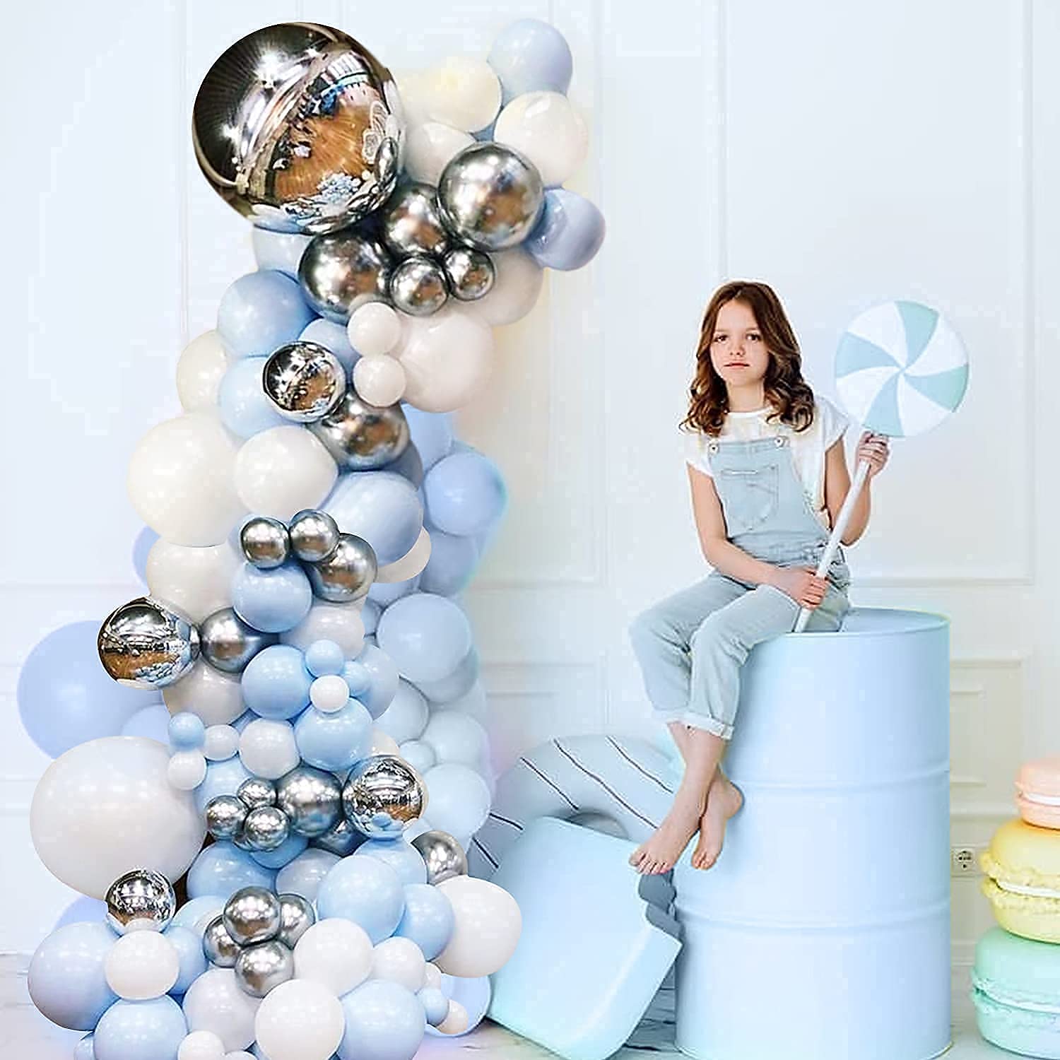 141 PCS Balloons Garland Set,Blue Silver Balloon Decorative Garland Kit Macaron Metal Balloon Arch for Bridal Shower Baby Shower Party Birthday Party Decoration(Blue)