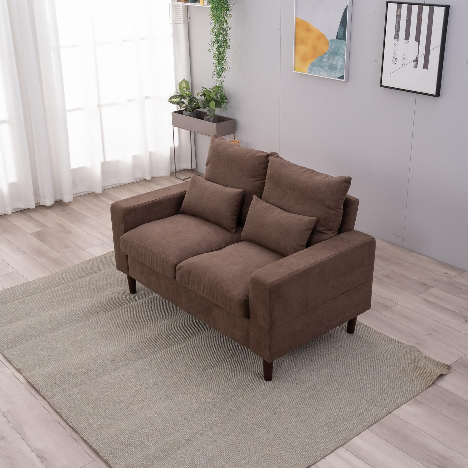 Panana Small Loveseat Sofa Upholstered Couch Modern Linen 2 Seater Love Seats for Living Room, Apartment, Small Space, Brown