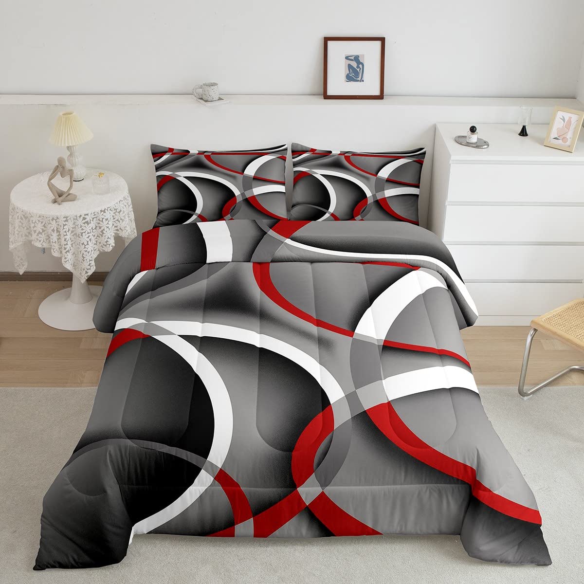 Stripes Comforter Set Queen Kids Teens Gray Black Red Swirls Room Decor Abstract Stripes Circle Bedding Set,Soft Lightweight Modern Simple Style Duvet,Youth Young Man Quilt,1 Comforter + 2 Pillowcase