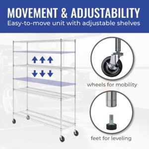 SafeRacks - NSF Certified Storage Shelves, Zinc, Heavy Duty Steel Wire Unit with Wheels and Adjustable Feet, Garage or Bakers Rack, Kitchen, Pantry Shelf - (18"x60"x72" 4-Tier) (Silver)