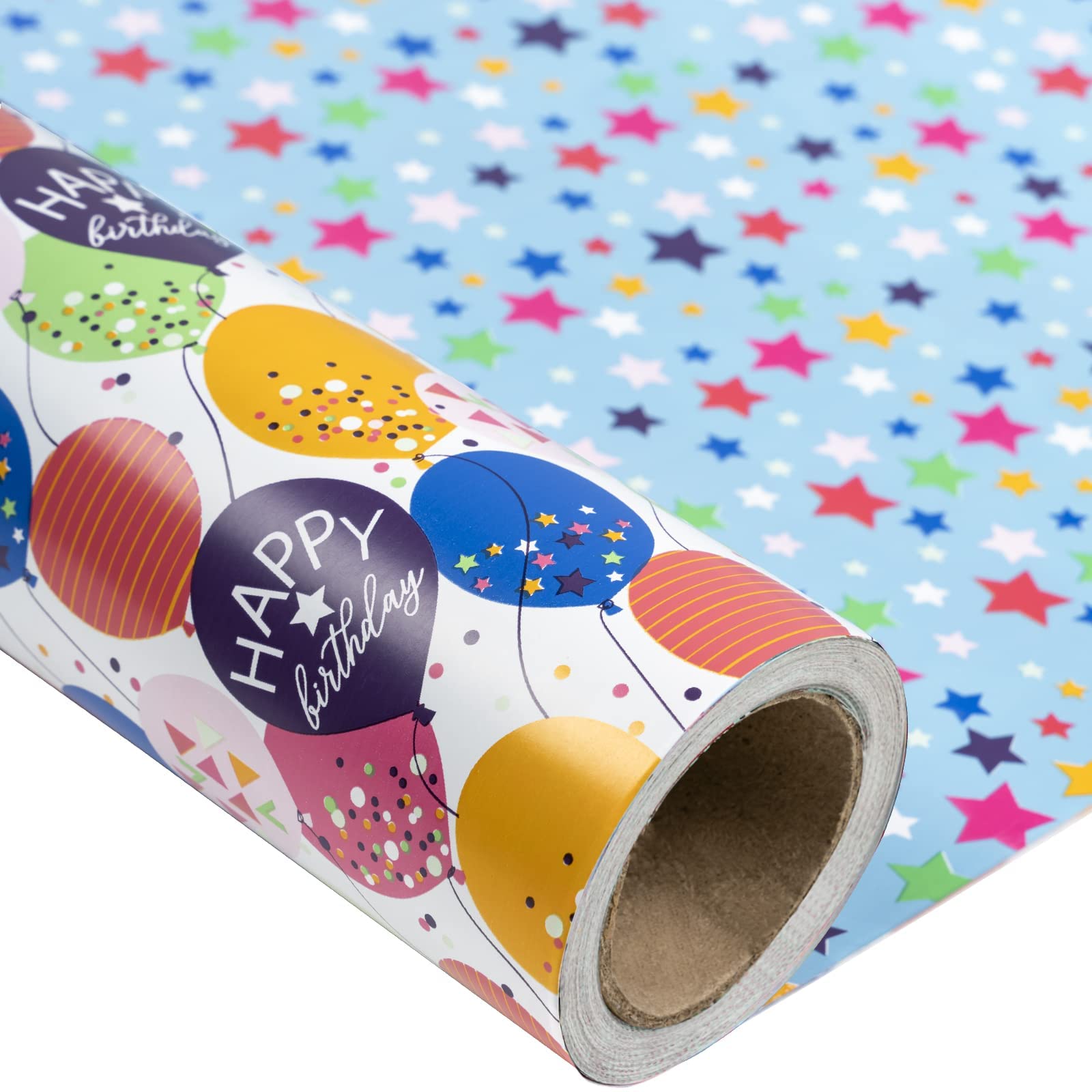 LeZakaa Reversible Birthday Wrapping Paper Jumbo Roll - Colorful Balloon & Stars - 24 inches x 100 Feet (200 sq.ft.)