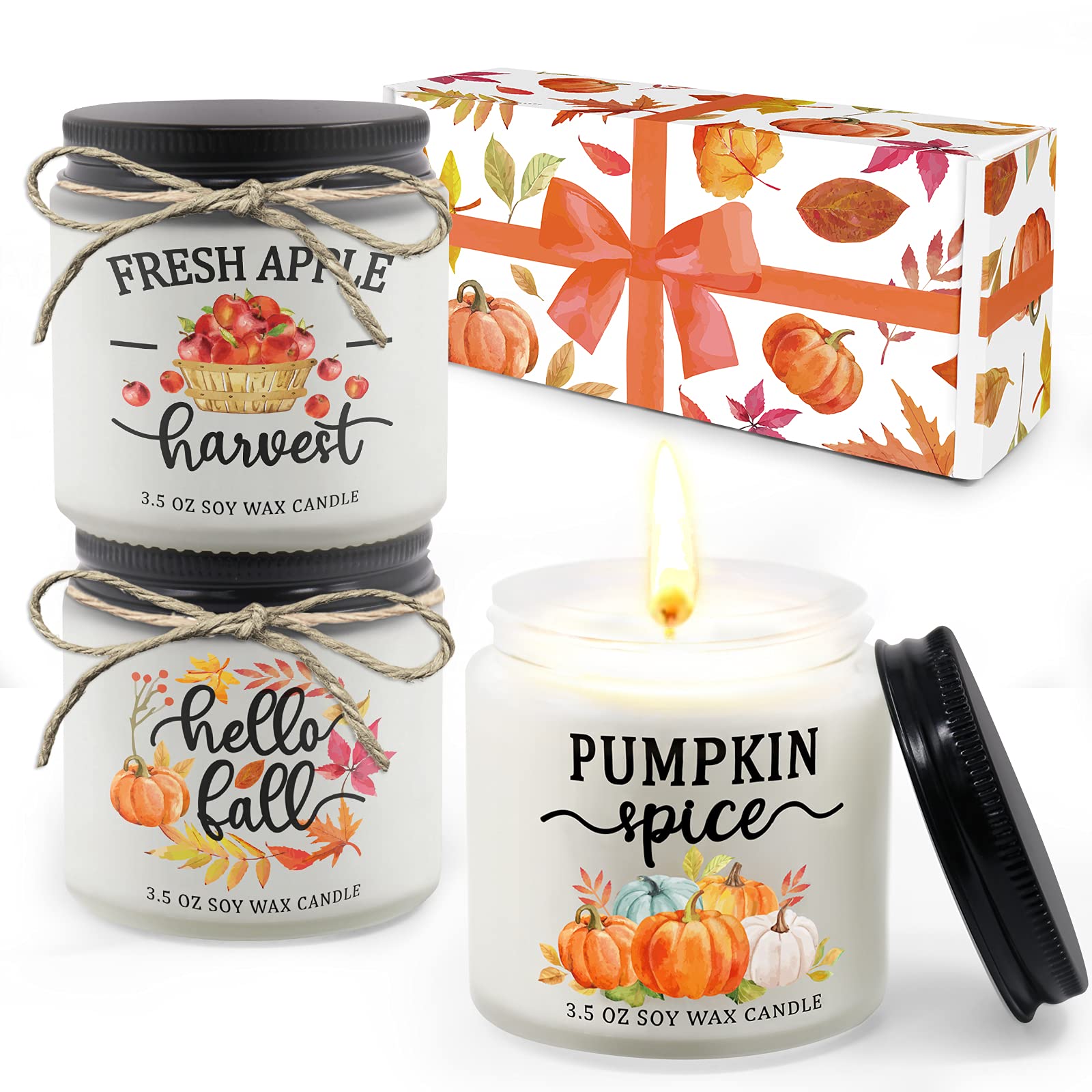 Fall Candles Gift Box Set Hello Fall Pumpkin Spice Fresh Apple Harvest Autumn Holiday Centerpiece Decoration Fall Thanksgiving Presents for Her Set of 3