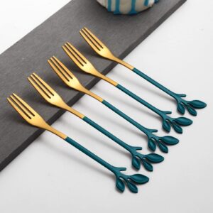 AnSaw 10-Piece Black & Gold Small Leaf Appetizer Forks Set - 4.7" Elegant Stainless Steel Fruit, Dessert, Cake & Salad Forks - Perfect for Cocktail Parties & Home Use