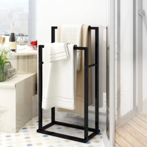 HAHRIR 2-Tier Metal Towel Rack Modern Freestanding Black Towel Rack, Bathroom Metal Storage Towel Rack, Black