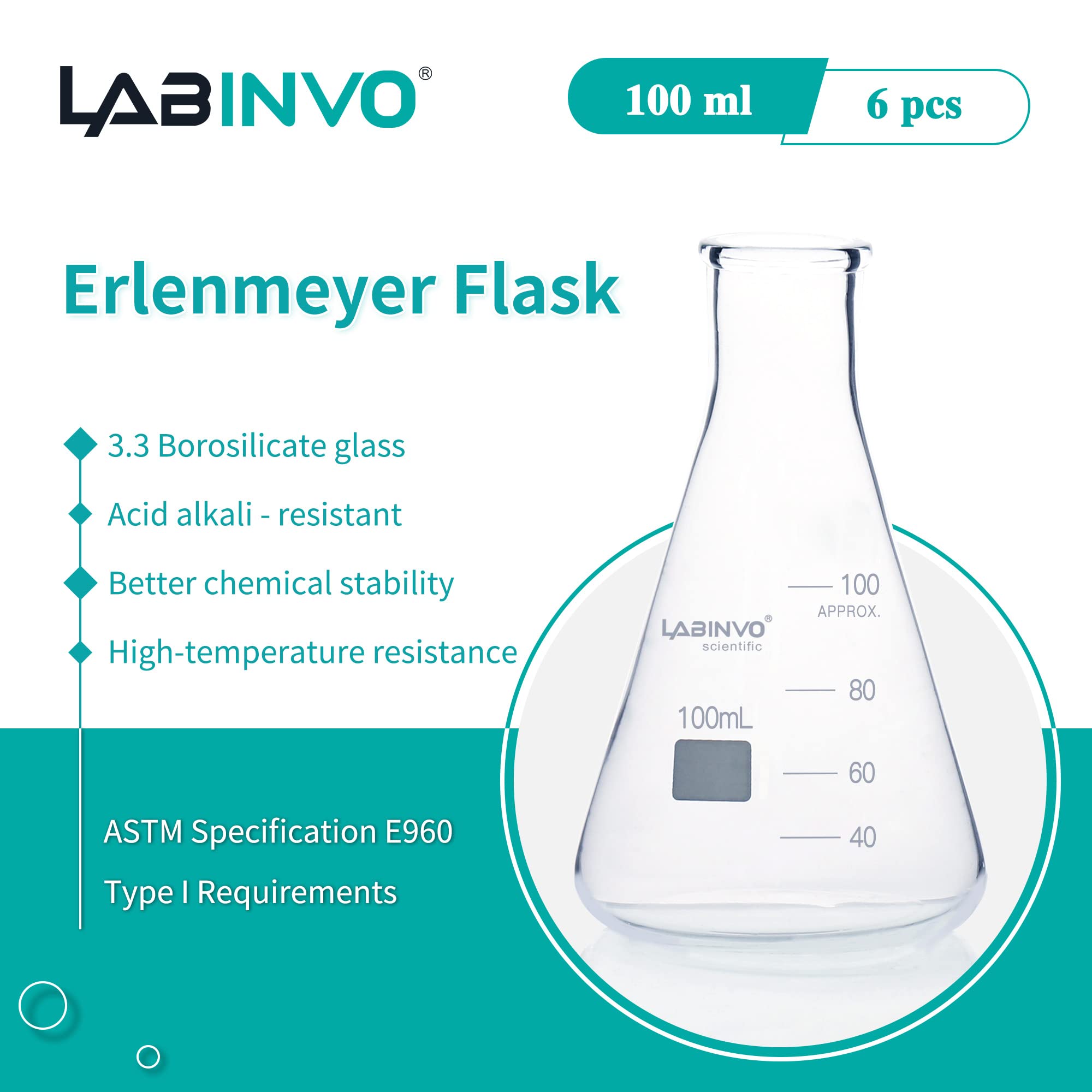 LABINVO 100ML Glass Erlenmeyer Flask, Narrow Mouth Graduated Conical Flask with Marking Spot, 6pcs of 3.3 Borosilicate Glass Flask set, IN-EFN100