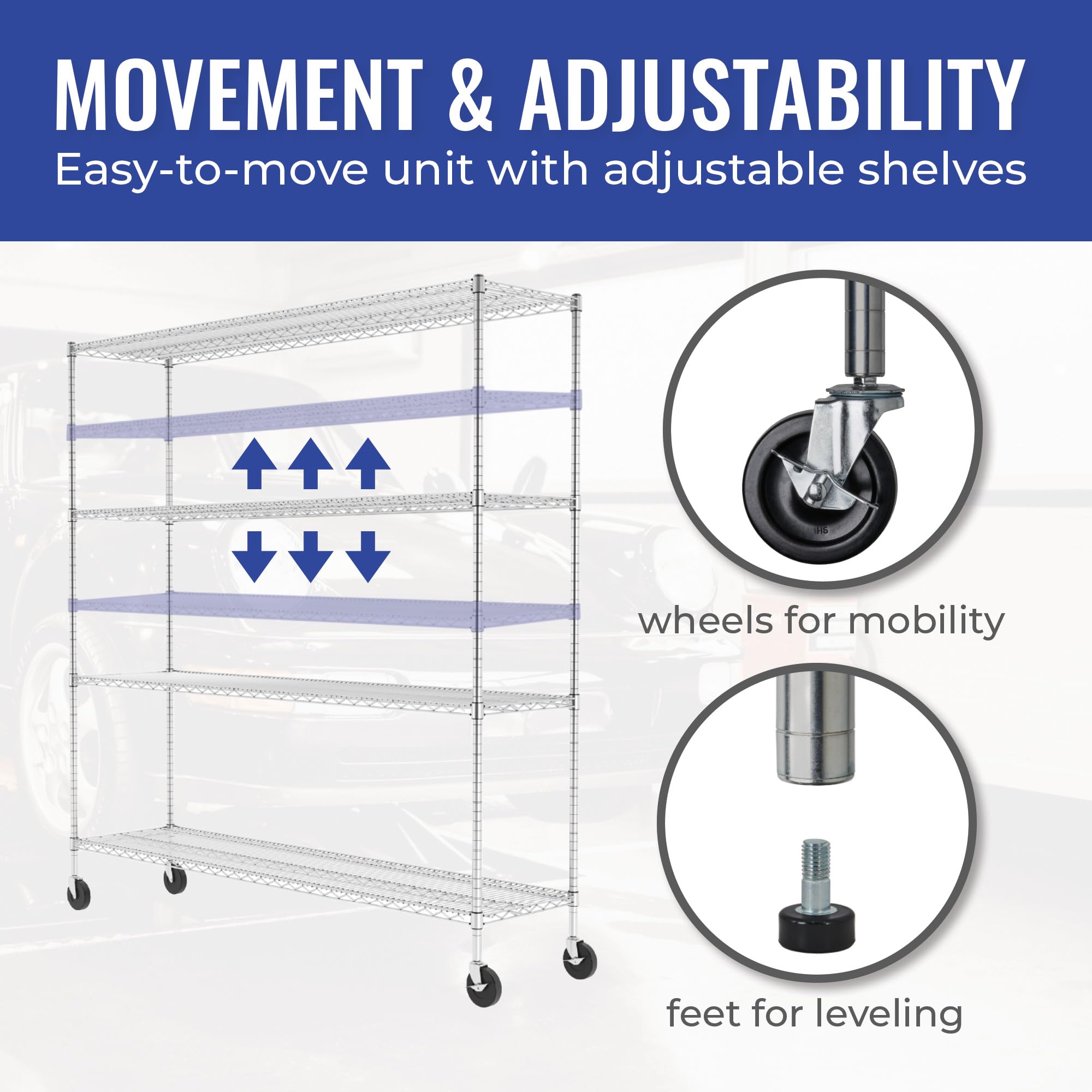 SafeRacks - NSF Certified Storage Shelves, Zinc, Heavy Duty Steel Wire Unit with Wheels and Adjustable Feet, Garage or Bakers Rack, Kitchen, Pantry Shelf - (18"x72"x72" 4-Tier) (Silver)