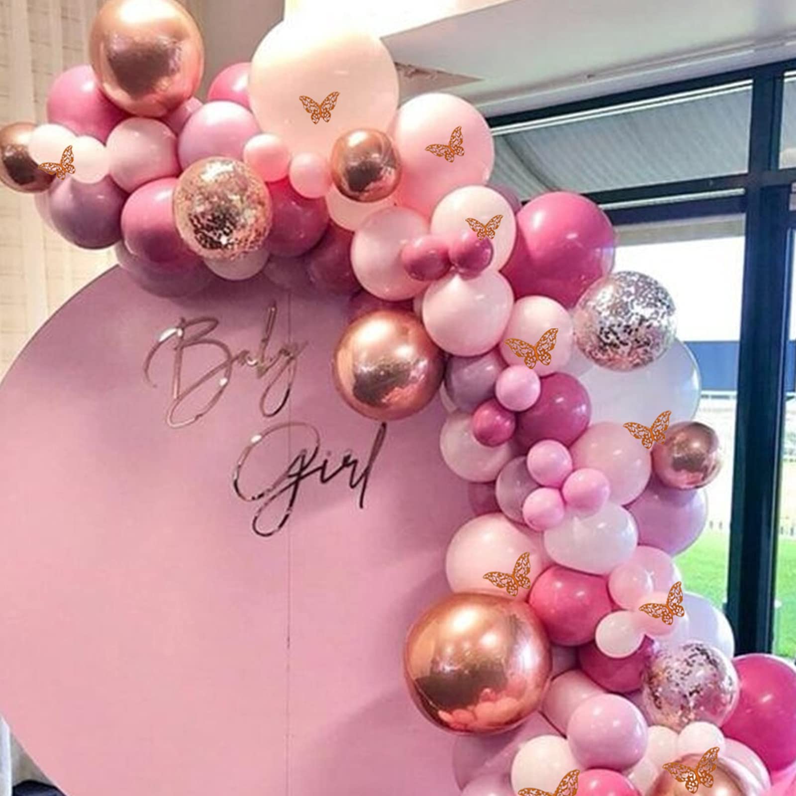 Soonlyn Baby Shower Decorations for Girl 150 Pcs Double Stuffed Pink Balloon Garland Kit with Butterfly Stickers Dusty Rose Gold Pink Balloon Arch for Girl Birthday Party Bridal Shower Baby Shower