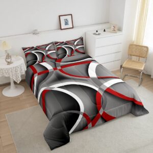 Stripes Comforter Set Queen Kids Teens Gray Black Red Swirls Room Decor Abstract Stripes Circle Bedding Set,Soft Lightweight Modern Simple Style Duvet,Youth Young Man Quilt,1 Comforter + 2 Pillowcase