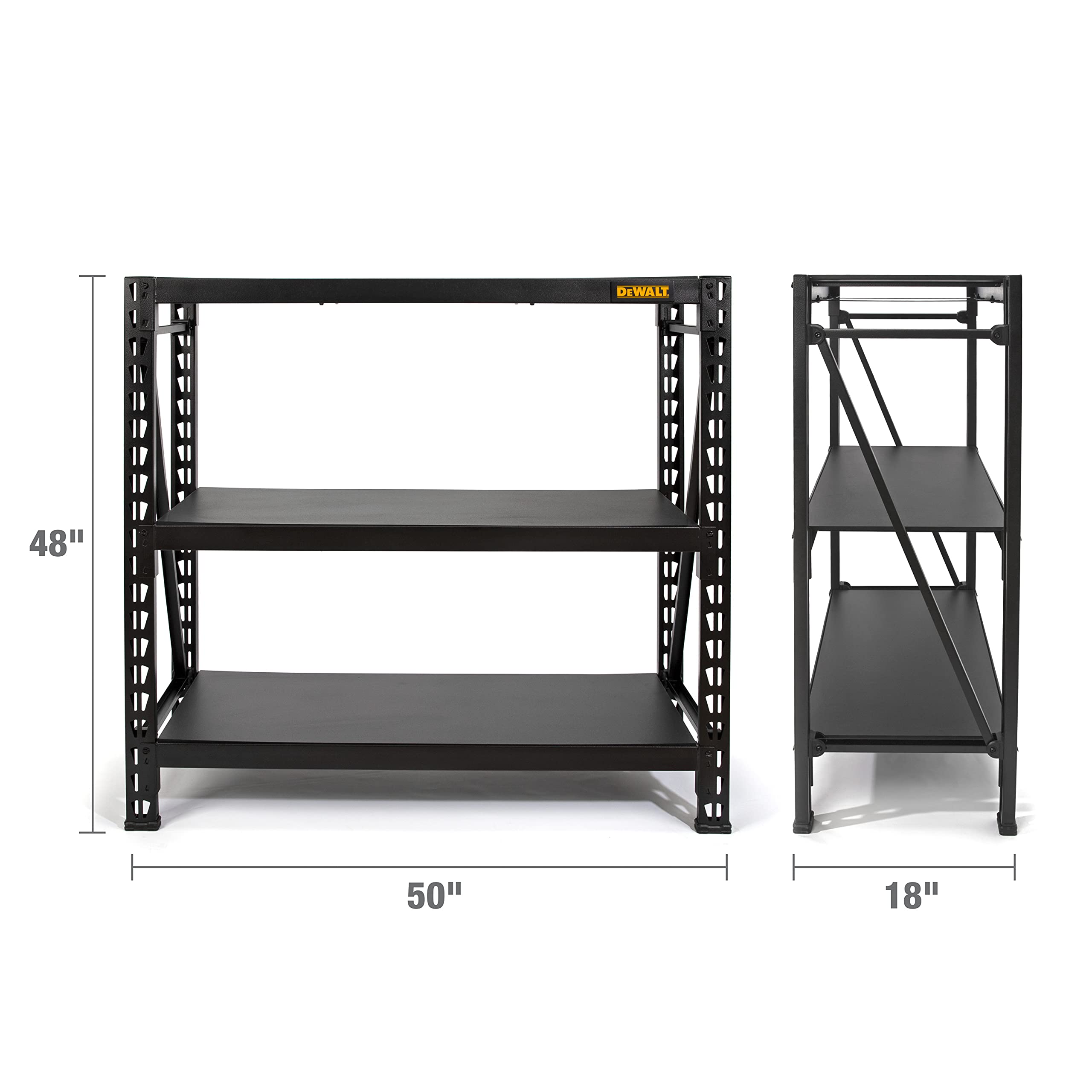 DEWALT Industrial Storage Rack Garage Shelving, 3 Heavy Duty Adjustable Laminate Deck Shelves, 50”W x 18”D x 48”H, 4,500 lb. Capacity, Black