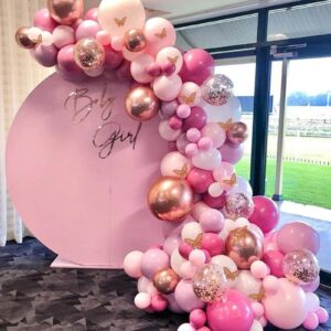 Soonlyn Baby Shower Decorations for Girl 150 Pcs Double Stuffed Pink Balloon Garland Kit with Butterfly Stickers Dusty Rose Gold Pink Balloon Arch for Girl Birthday Party Bridal Shower Baby Shower