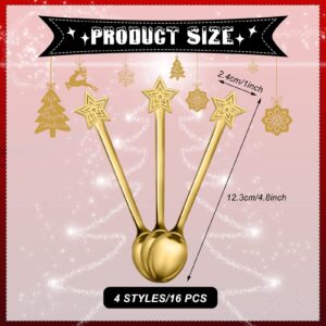 16 Pieces Christmas Spoon Set Christmas Stirring Spoon Creative Stainless Steel Coffee Spoon Tea Spoon Soup Spoon Dessert Spoon for Stirring Drink Mixing Milkshake Jam, 4 Styles (Gold)