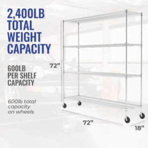 SafeRacks - NSF Certified Storage Shelves, Zinc, Heavy Duty Steel Wire Unit with Wheels and Adjustable Feet, Garage or Bakers Rack, Kitchen, Pantry Shelf - (18"x72"x72" 4-Tier) (Silver)