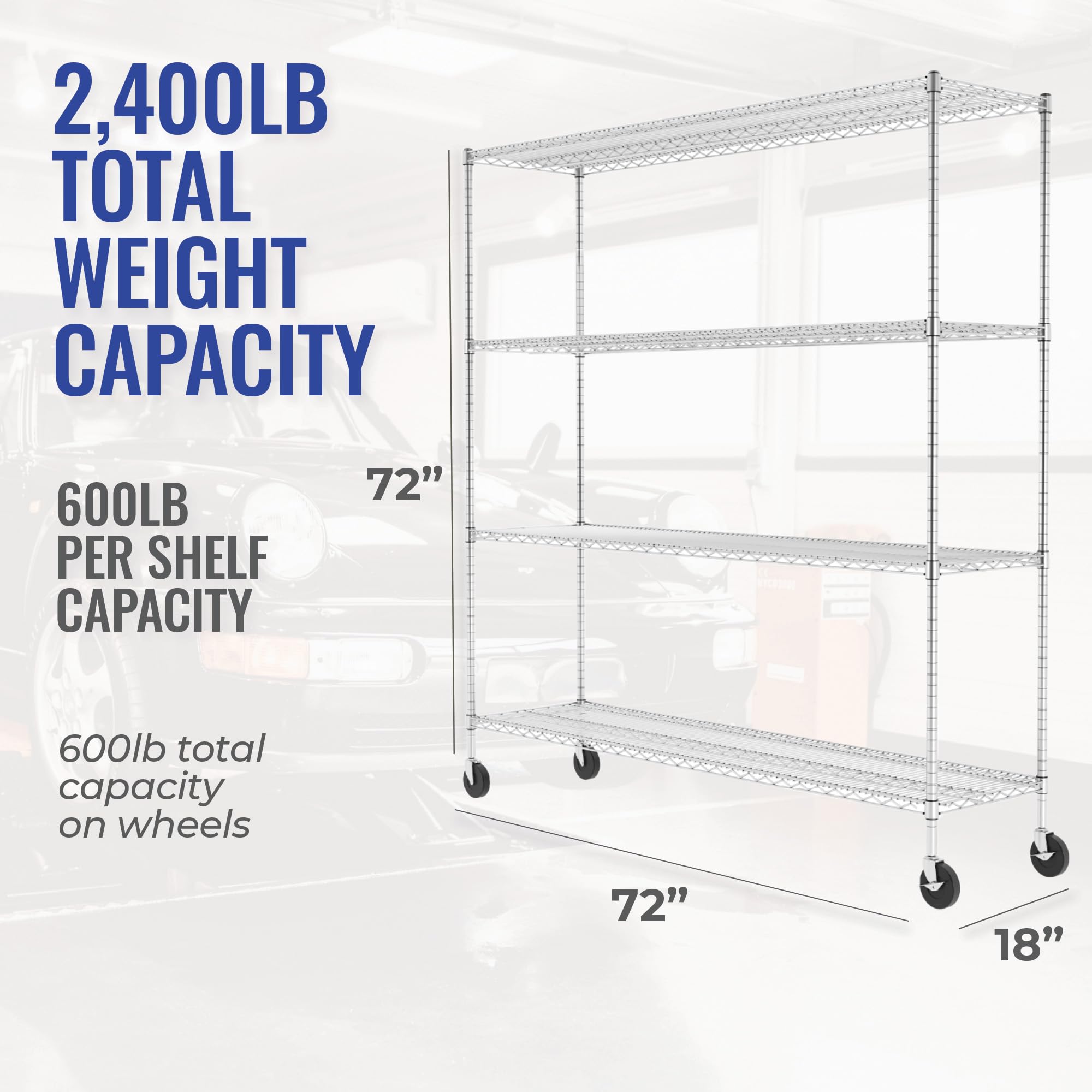 SafeRacks - NSF Certified Storage Shelves, Zinc, Heavy Duty Steel Wire Unit with Wheels and Adjustable Feet, Garage or Bakers Rack, Kitchen, Pantry Shelf - (18"x72"x72" 4-Tier) (Silver)