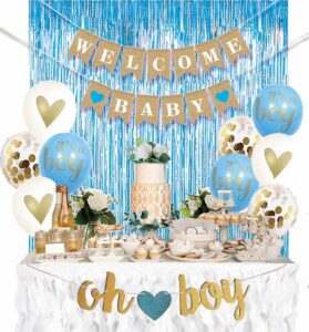 blue, boy baby shower decoration set, rustic welcome baby banner, 2 - blue metallic curtains, gold, blue and white baby shower decor kit, blue and white balloons