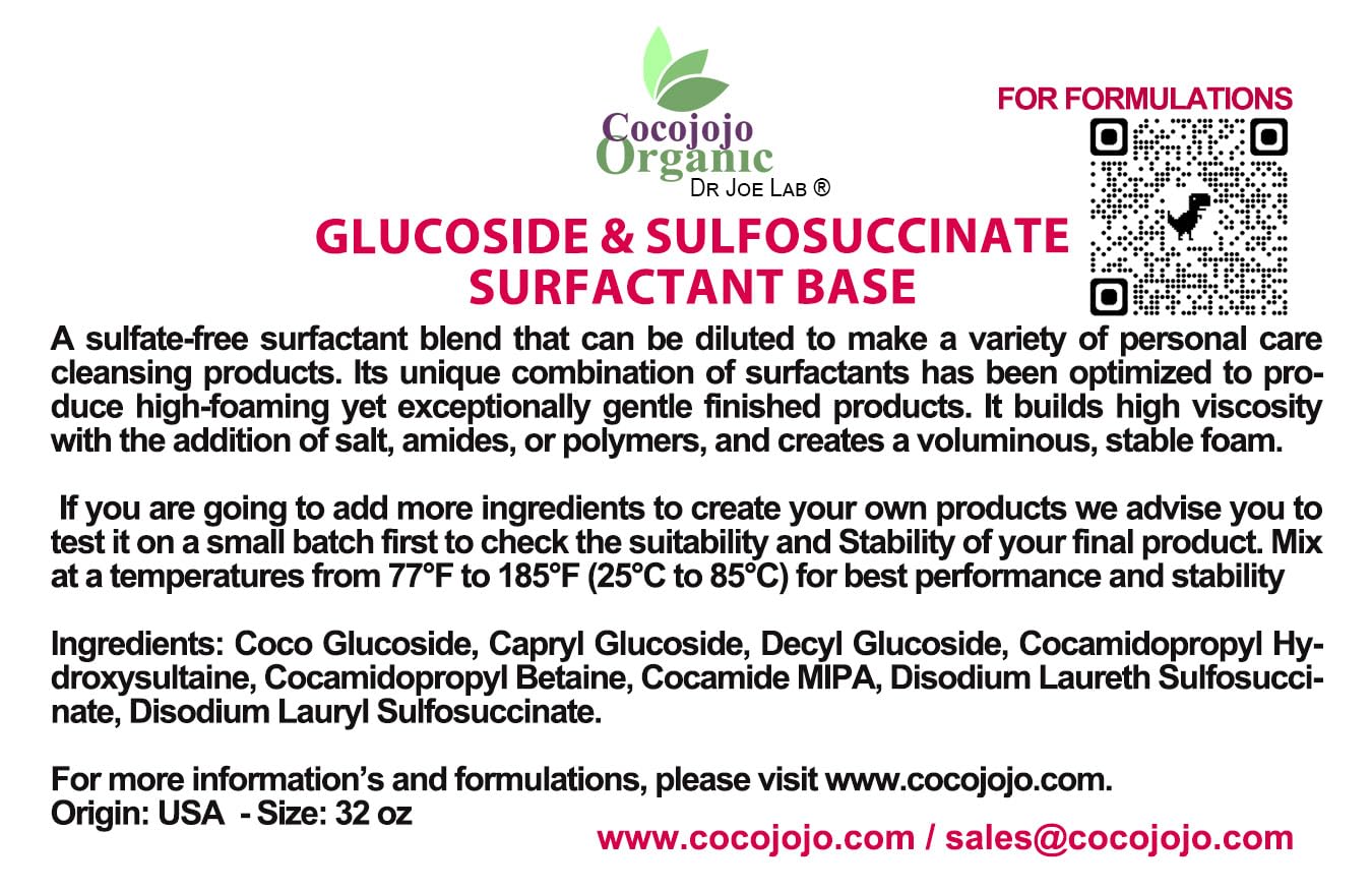 Dr Joe Lab Glucoside and Sulfosuccinate Surfactant Base - Plant Derived Sulfate Free Blend for High Foaming - Coco Decyl Cocamide Lauryl Capryl Caprylyl Liquid Soap Shampoo Cleanser (32 oz / 2 LB)