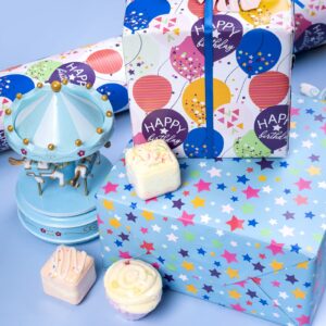 LeZakaa Reversible Birthday Wrapping Paper Jumbo Roll - Colorful Balloon & Stars - 24 inches x 100 Feet (200 sq.ft.)