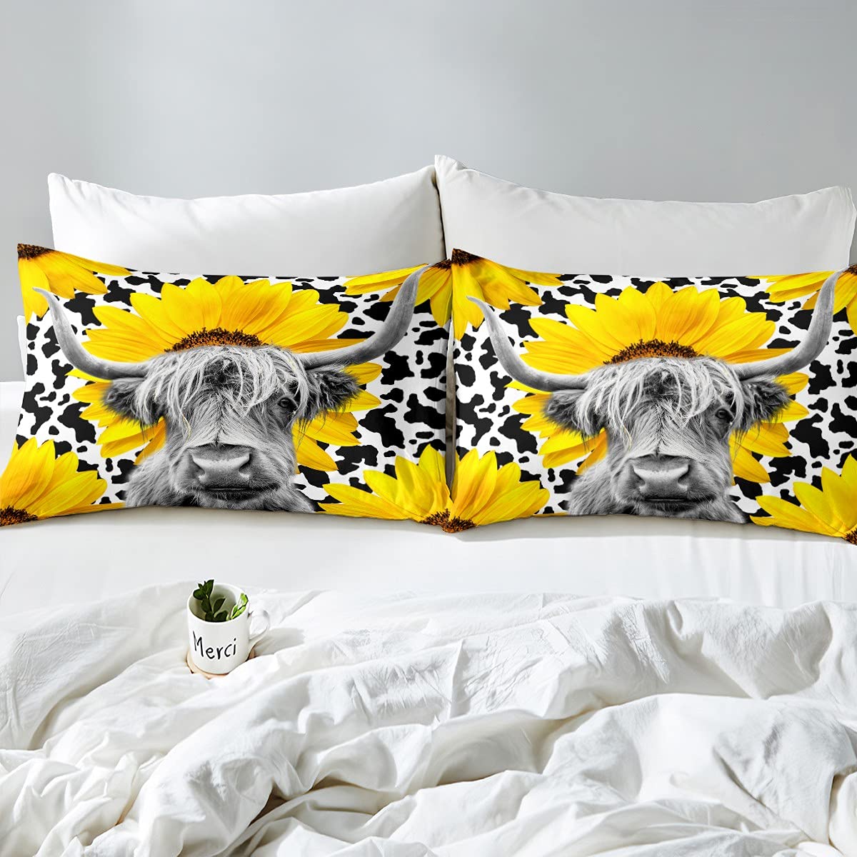 Feelyou Highland Cow Comforter Set Sunflower Cow Skin Decor Bedding Set for Kids Boys Girls Grey Bull Cattle Comforter Western Funny Animal Quilt Set Room 2Pcs Twin Size