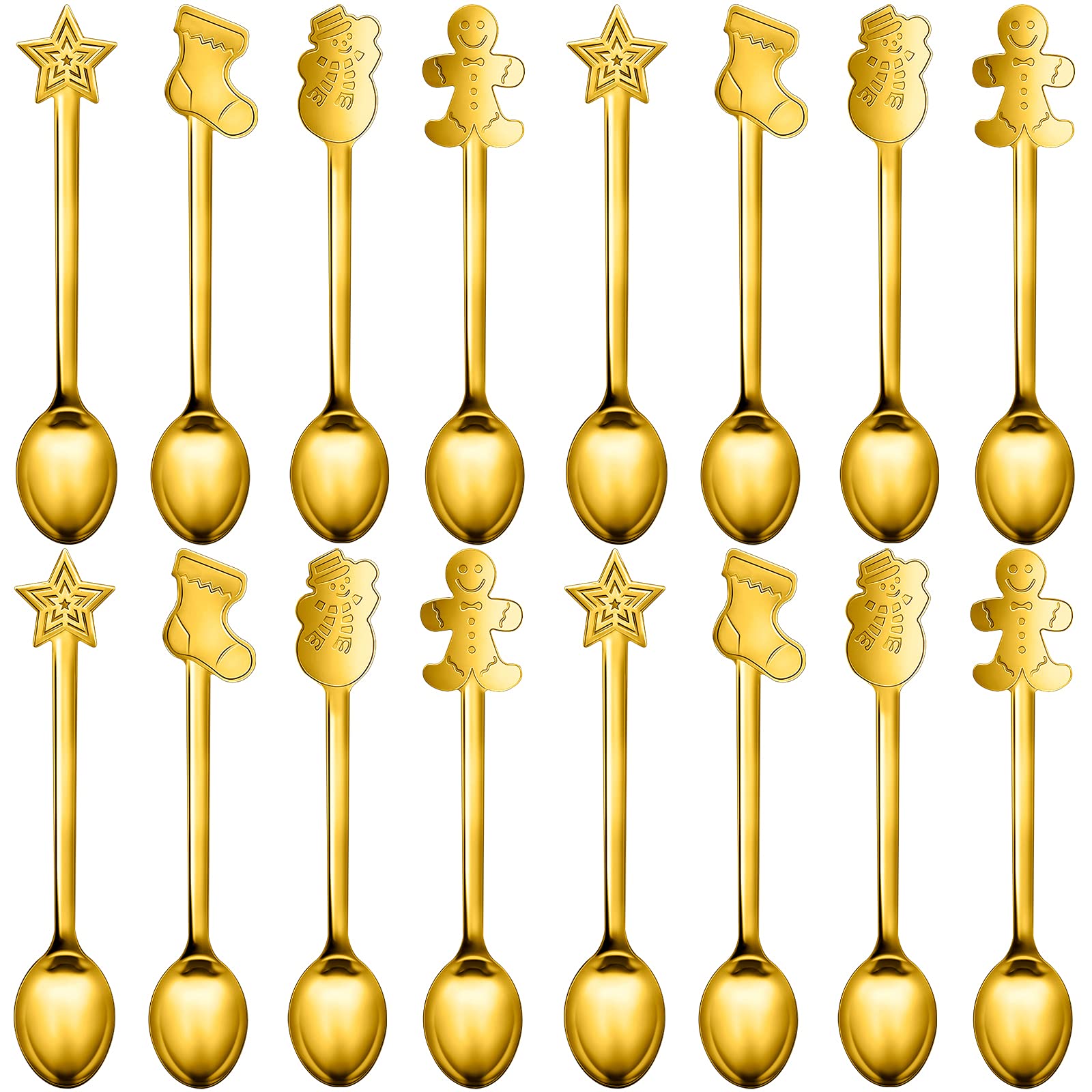 16 Pieces Christmas Spoon Set Christmas Stirring Spoon Creative Stainless Steel Coffee Spoon Tea Spoon Soup Spoon Dessert Spoon for Stirring Drink Mixing Milkshake Jam, 4 Styles (Gold)