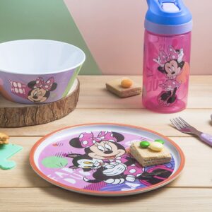 zak! 5-Piece Dinnerware Set, Disney Minnie Mouse - Durable Plastic & Stainless Steel - Includes Water Bottle, 8-Inch Plate, 6-Inch Bowl, Fork & Spoon - Suitable for Kids Ages 3+