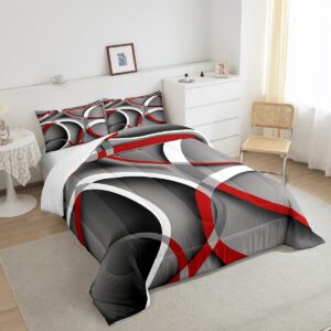 Stripes Comforter Set Queen Kids Teens Gray Black Red Swirls Room Decor Abstract Stripes Circle Bedding Set,Soft Lightweight Modern Simple Style Duvet,Youth Young Man Quilt,1 Comforter + 2 Pillowcase