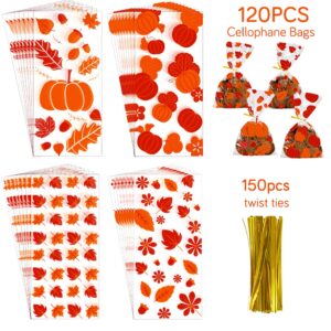 JOICEE 120PCS Fall Cellophane Bags, Maple Leave Cellophane Treat Candy Bags with Twist for Thanksgiving Halloween Party Favor…