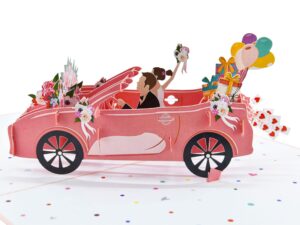 "just married" pink cadillac wedding car with bride and groom pop up card for marriage, engagement, anniversary, valentines day