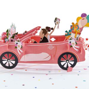 "Just Married" Pink Cadillac Wedding Car with Bride and Groom Pop Up Card for Marriage, Engagement, Anniversary, Valentines Day