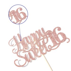 YotaWish Rose Gold Glitter Happy Sweet 16 Cake Topper - Happy 16th Birthday Cake Decor - Hello 16, Cheers to 16 Years Birthday Party Decoration Supplies