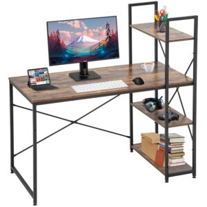 computer desk with 4 tier storage shelf- 47 inch home office table, modern steel frame wood study gaming corner desk easy assemble,brown