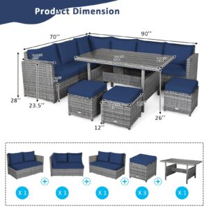 Tangkula 7 Pieces Patio Furniture Set, Outdoor Sectional Rattan Sofa Set with Cushions, All Weather Wicker Conversation Couch Set w/Dining Table & Ottomans for Backyard Garden Poolside (Navy Blue)